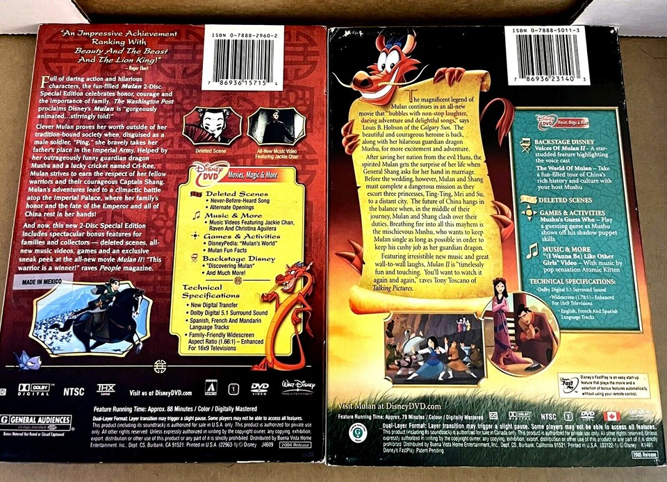 Mulan (DVD, 2004, 2-Disc Set, Special Edition) & Mulan II (DVD, 2005 ...