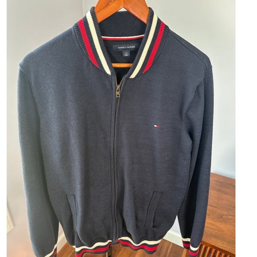 Tommy Hilfiger Knit Full Zip Sweater Jacket Red White Trim Mens Large ...