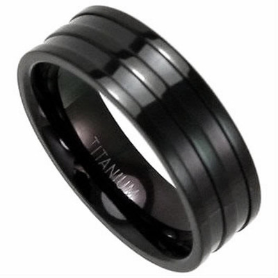 Black Plated TITANIUM Plain Band Ring with Three Ribbed Accents, size ...