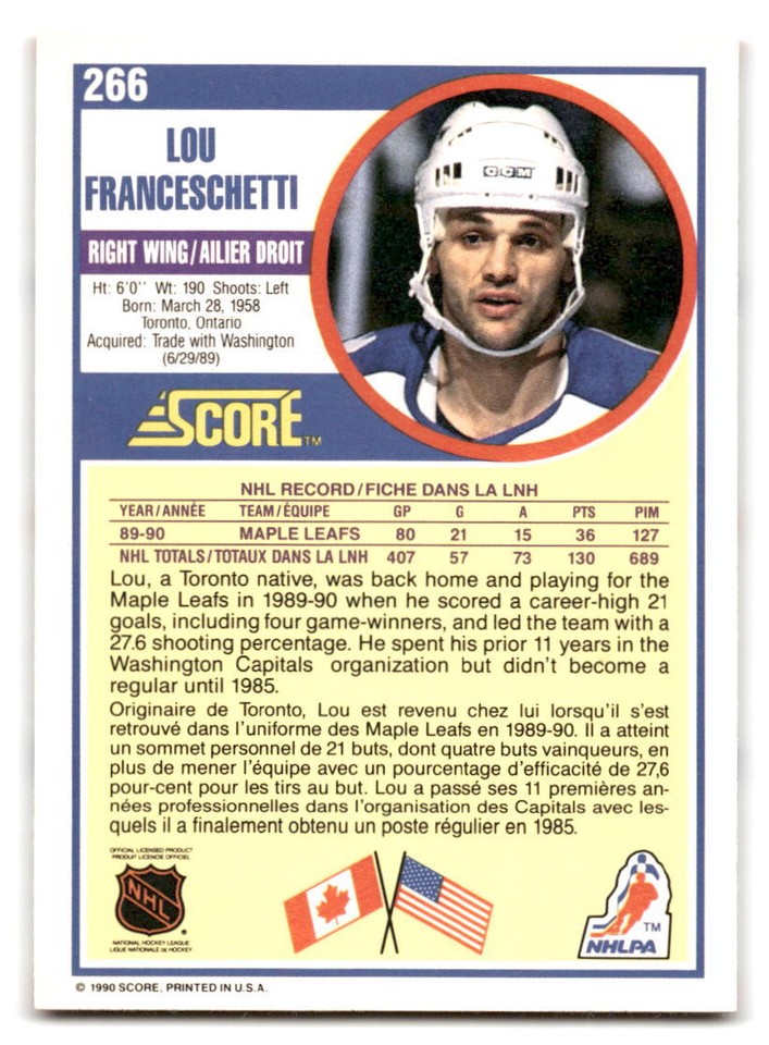Lou Franceschetti 1990 Score Canadian HOCKEY #266 Toronto Maple Leafs ...