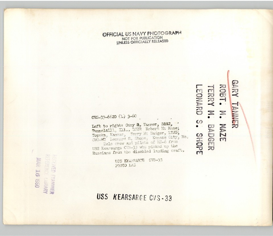 US NAVY Gray Tanner, Robert Maze, Terry Badger, Leodard Shope 1960 ...