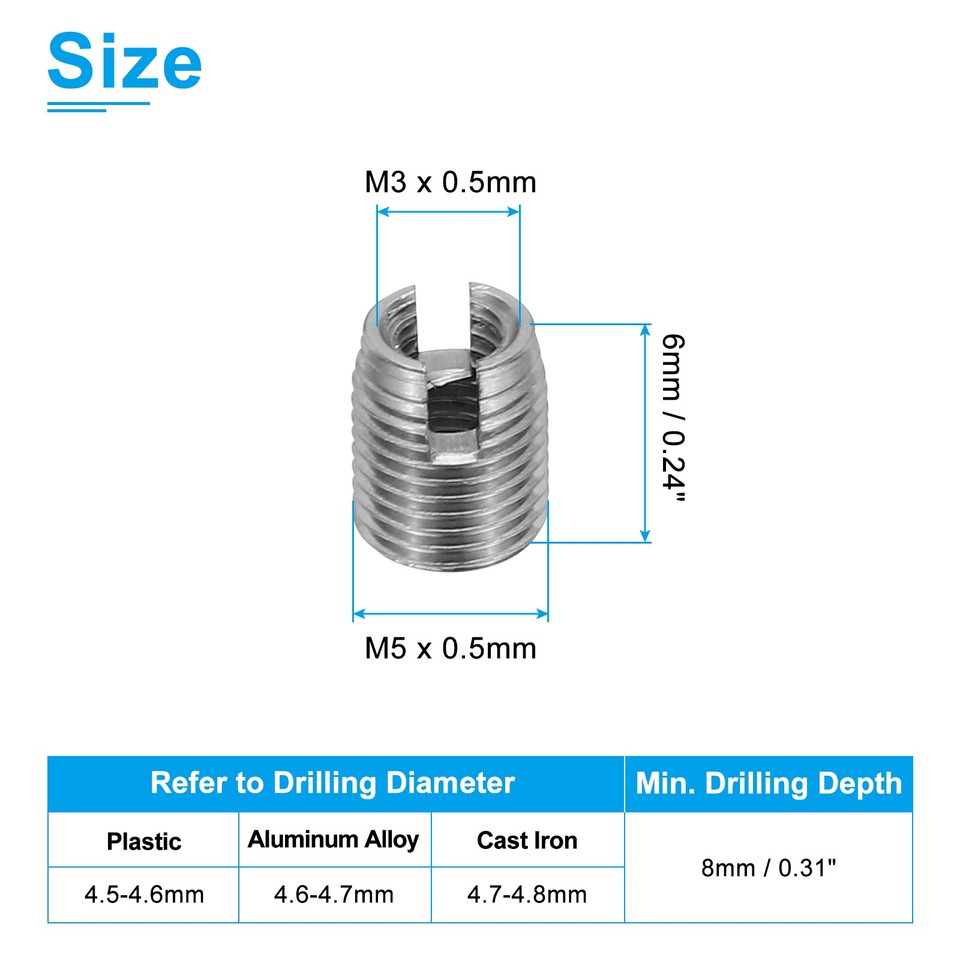 20 Pcs 303 Stainless Steel M3 x M5 x 6mm Self-Tapping Threaded Inserts ...
