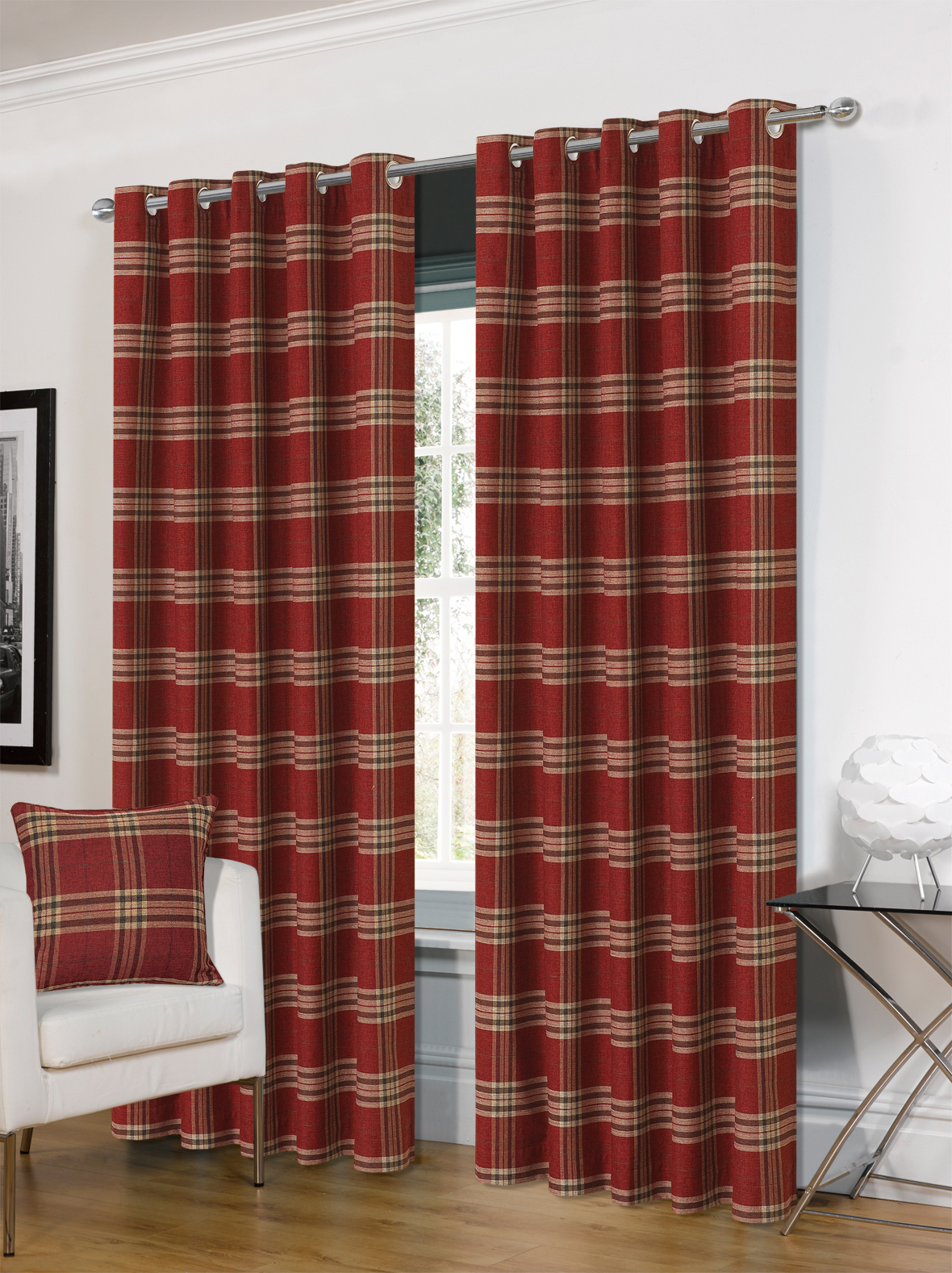 Luxurious Ring Top Eyelet Lined Plaid Check Ready Made Curtain Pair - 5 ...