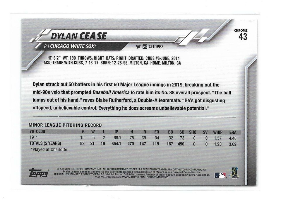 2020 TOPPS CHROME DYLAN CEASE CHICAGO WHITESOX ROOKIE CARD BASE CARD ...