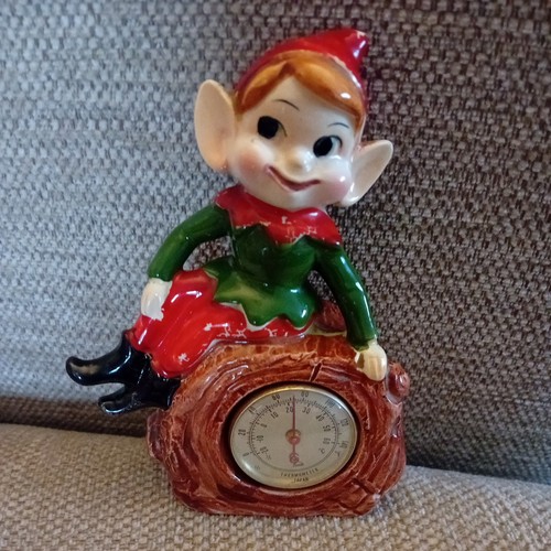 VINTAGE 1950'S CERAMIC KITSCH ELF PIXIE FIGURE WITH THERMOMETER - MADE ...