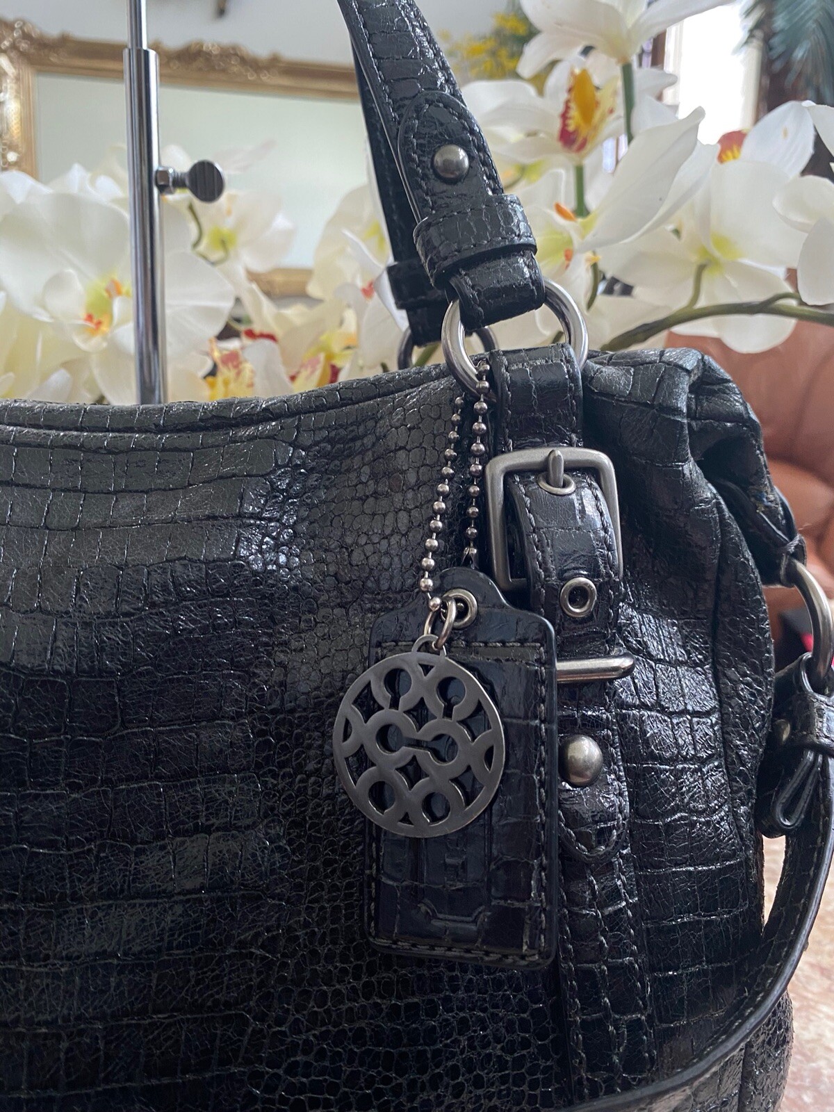 COACH Alexandra Black Python Embossed Leather Satchel Shoulder ...