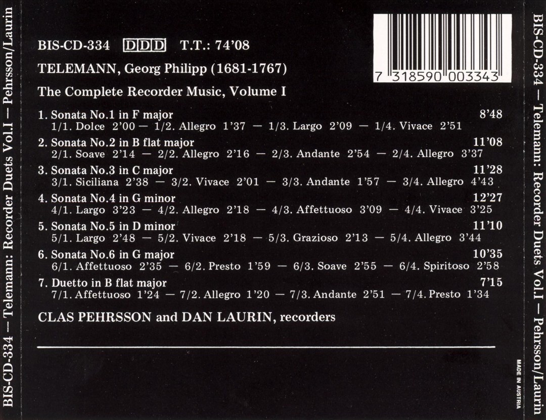 DAN LAURIN / CLAS PEHRSSON TELEMANN: THE COMPLETE RECORDER MUSIC, VOL ...