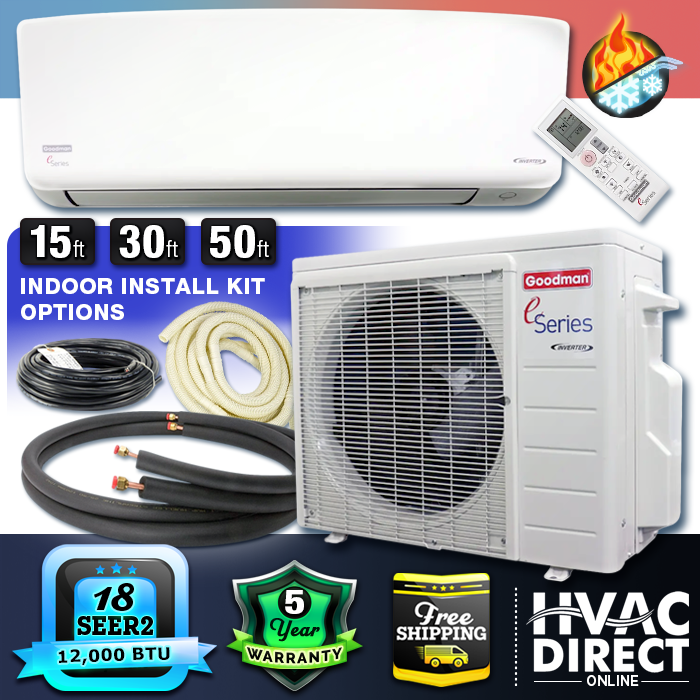 Goodman 12000 BTU E Series Ductless Mini Split Heat Pump Inverter AC ...