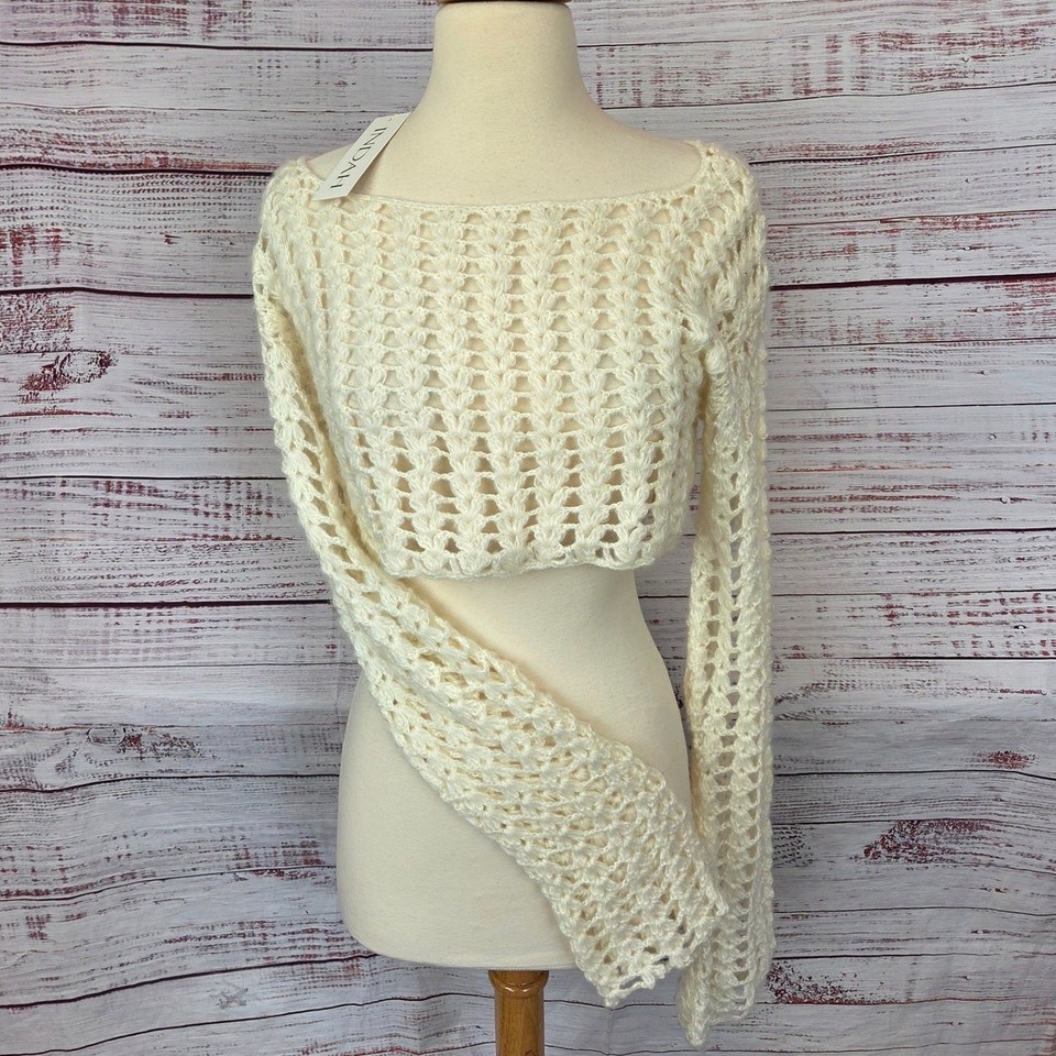 INDAH Cream Crochet Mesh Crop Top XS Y2K Long Flare Sleeve Fish Net ...