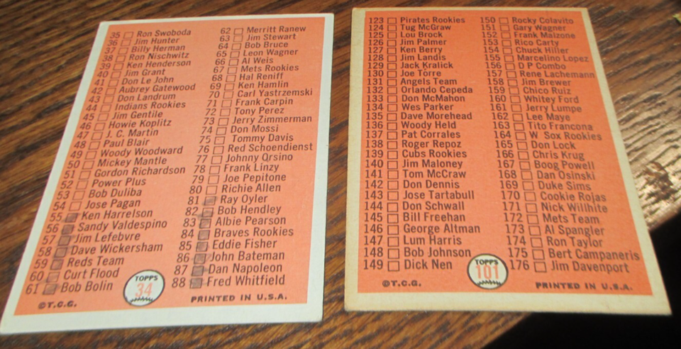 1966 Topps Checklists baseball cards #34 1st Series Marked & #101 2nd ...