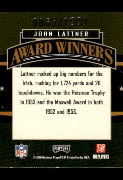 JOHNNY LATTNER HARD SIGNED 2006 PLAYOFF CONTENDERS AWARD WINNERS /1000 ...