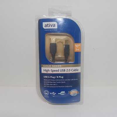 Ativa Gold Series High-Speed 480Mbps USB 2.0 Cable, A Plug/B Plug, 10ft ...
