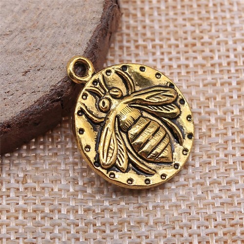 6 or 15PCS, Antique Gold Tone BEE Round Charm Pendant, 2 Sided Insect ...