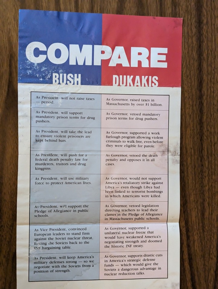 Bush Quayle 1988 Campaign Literature, Flyer "COMPARE BUSH DUKAKIS ...