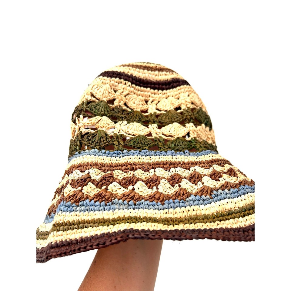 Dôen Doen Raffia Crochet Bucket Hat Boho Coastal Festival Small Medium ...