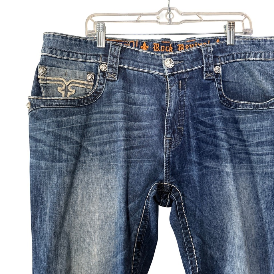 Rock Revival Jeans Men's 38 Tate Straight Blue Denim Embroidered Pockets | eBay