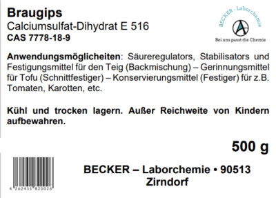 Calciumsulfat Dihydrat E 516, Lebensmittelqualität, Braugips, 0,5 kg ...