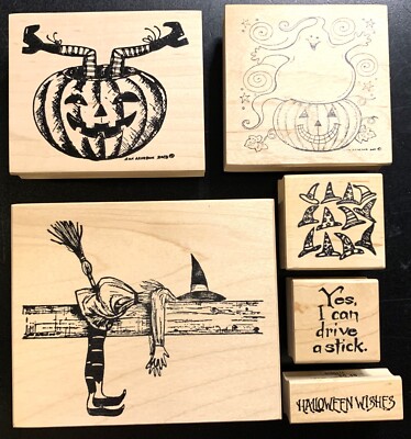 Lot 6 Northwoods Wood Mounted Rubber Stamps Halloween Witch Ghost Jack ...