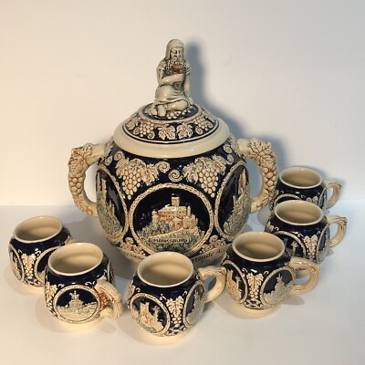 Vintage Marzi & Remi Cobalt Tureen Cider Punch- 6 Cup Set Embossed ...