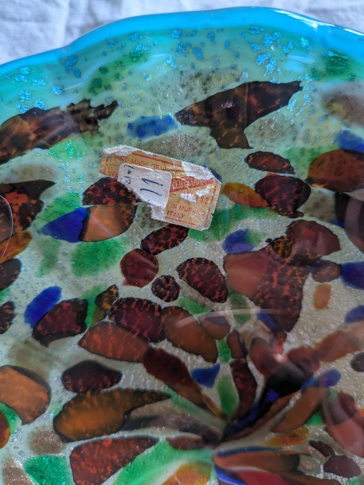 Murano Style Art Glass Tutti-Frutti Fish Shaped Blue and Green Bowl ...