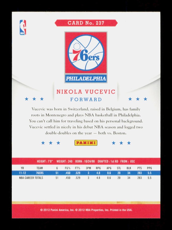 2012-13 Hoops #237 Nikola Vucevic Rookie Philadelphia 76ers | eBay