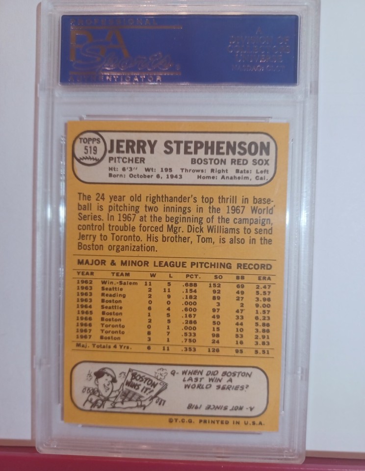 1968 JERRY STEPHENSON TOPPS #519 PSA8 BOSTON RED SOX BASEBALL CARD #8010 | eBay