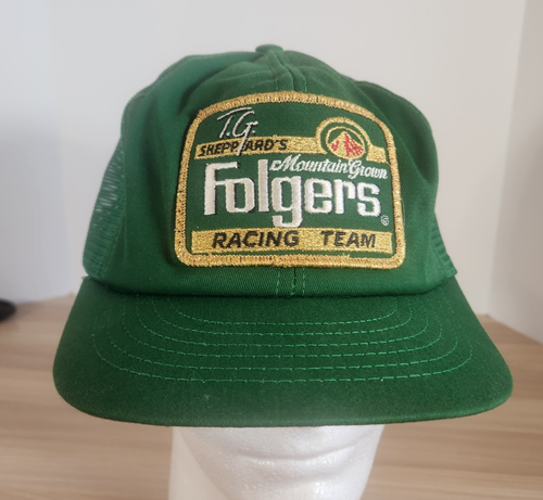 Vtg Folgers Racing Team Patch Snapback Trucker Hat Green USA Made TG ...