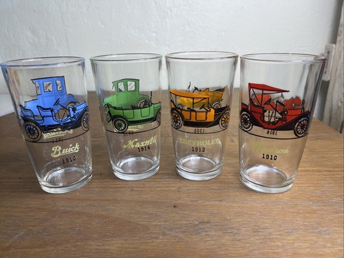 Vintage Hazel Atlas Drinking Glass Old Timer Cars (4) DOUBLE SIDED W ...