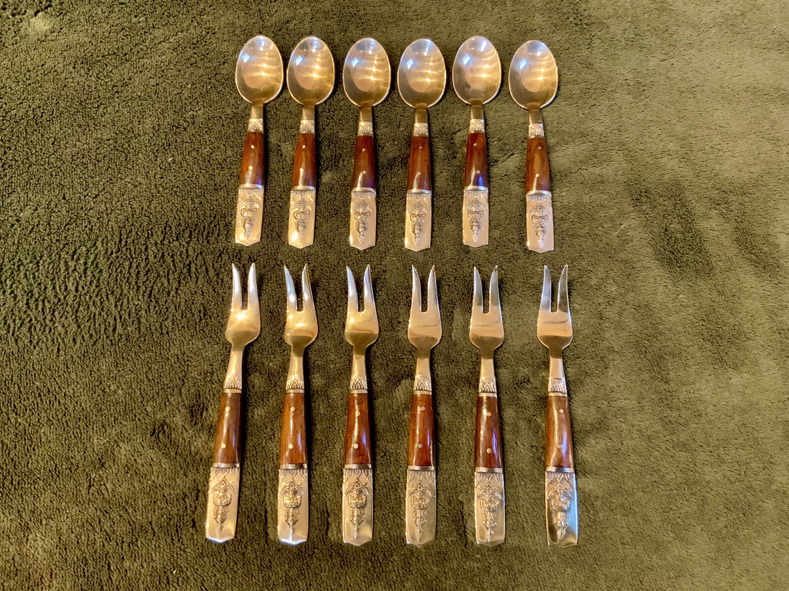 Vintage Thai Brass/Wood Meditating Buddah Cake Forks & Coffee Spoons-6 ...