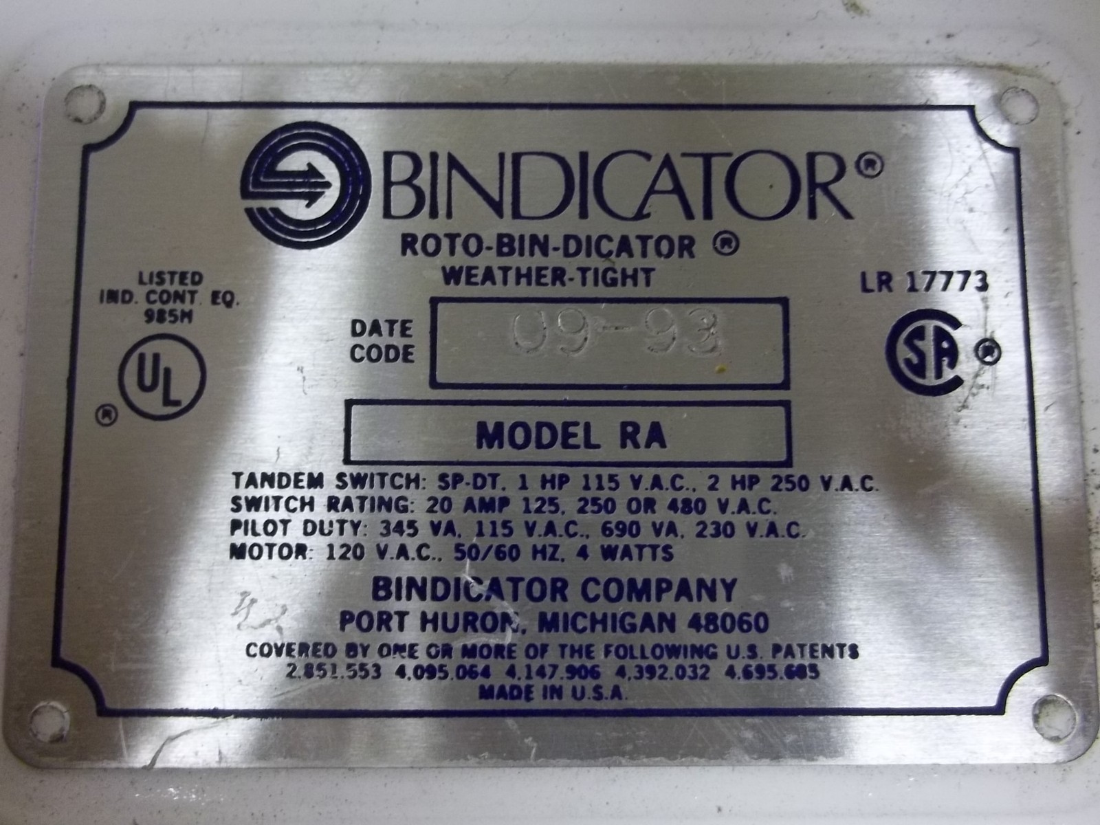 Bindicator RA LR 177773 LUB041840 Weather Tight Cover Roto-Bin-Dicator ...