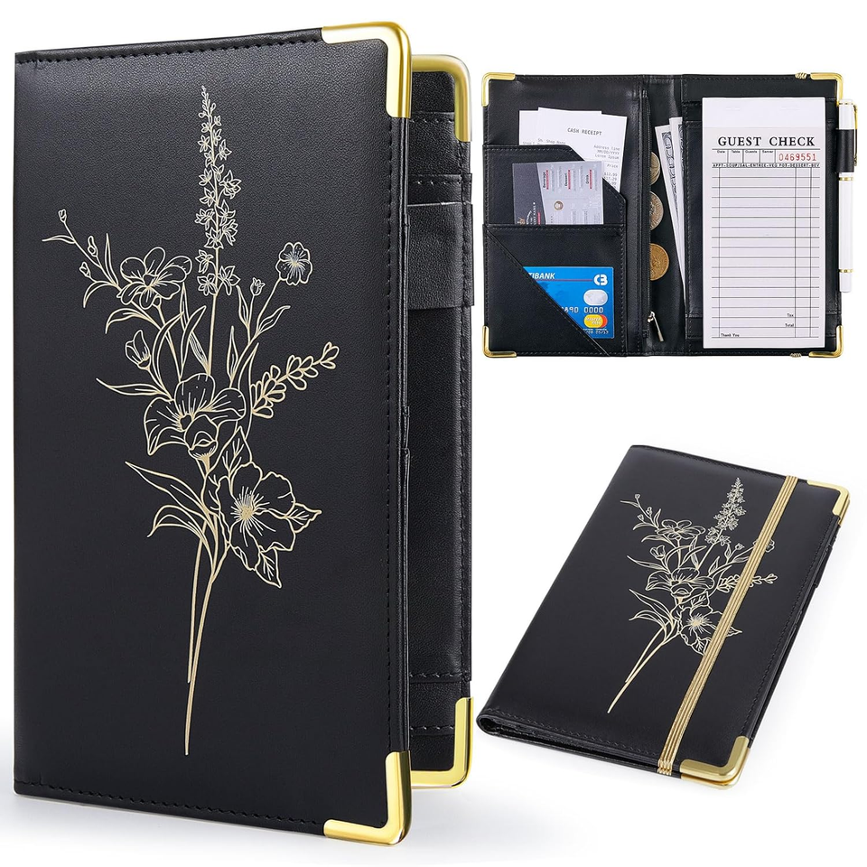 Server Book, PU Leather Server Books for Waitress with Zipper Pockets ...