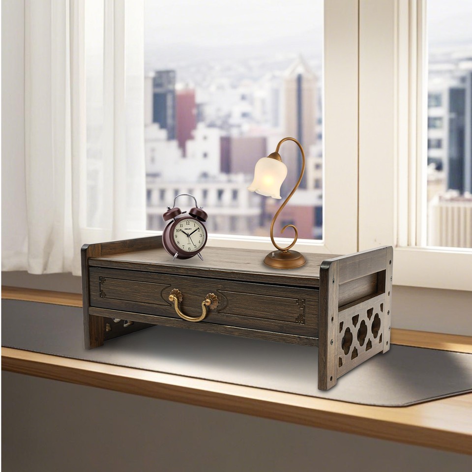 Desktop Bamboo Computer Stand WIth Storage Drawer Retro Walnut Booster ...