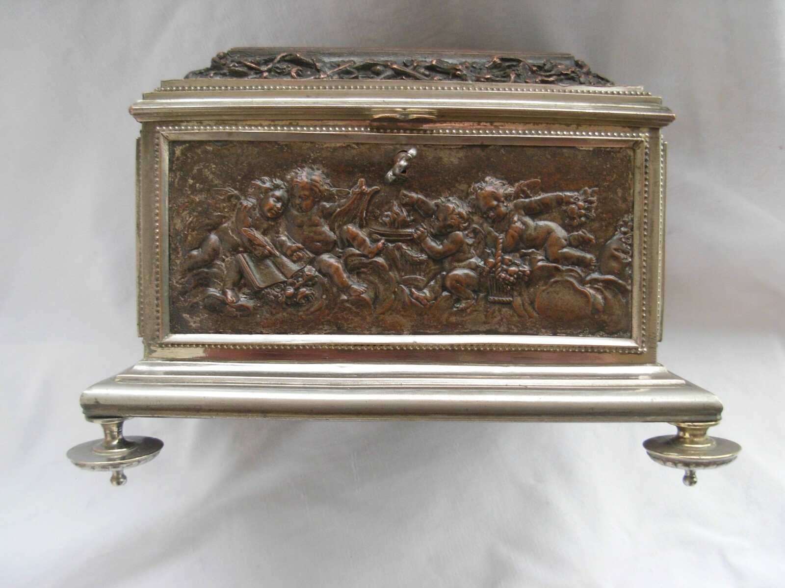 ANTIQUE FRENCH EMBOSSED COOPER PLAQUE JEWEL BOX,CHERUB PATTERN,LATE ...