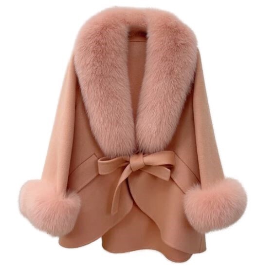 Women's Brand New Cream Cashmere Wool Cape Cloak Jacket Coat Fox Fur | eBay