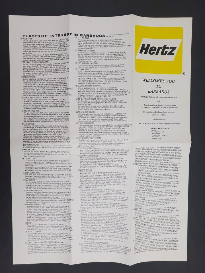 1950s Barbados West Indies Hertz Rent A Car Map Vintage Travel Brochure ...