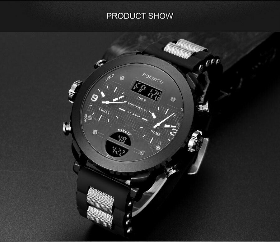BOAMIGO AnaDigi Watch Blue LED light Sports 3 Time Zones | eBay
