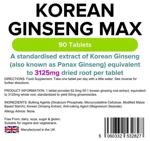 Lindens Korean Ginseng Max 3125mg 90 Tablets Energy Boost Sexual Health ...