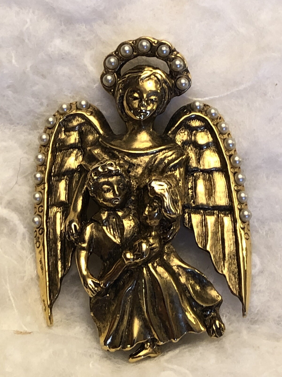 Guardian Angel Brooch Protecting Boy And Girl, Gold T… - Gem