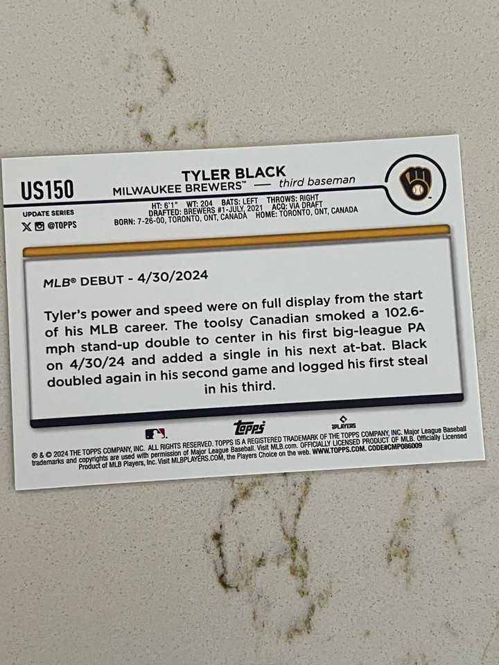 Tyler Black Milwaukee Brewers 2024 Topps Update Rookie Card RC #US150 ...