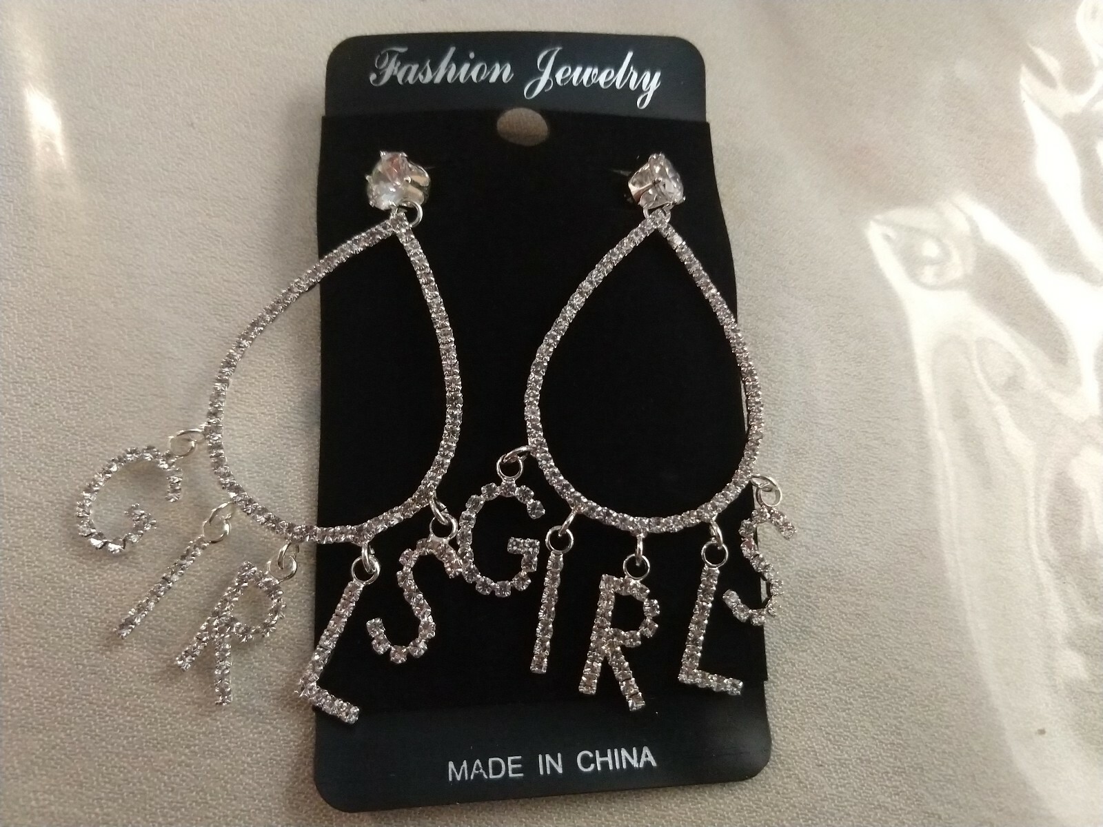 Vtg Silver Dangle Drop Down "Girls" Rhinestone Earrings Drag Queen ...