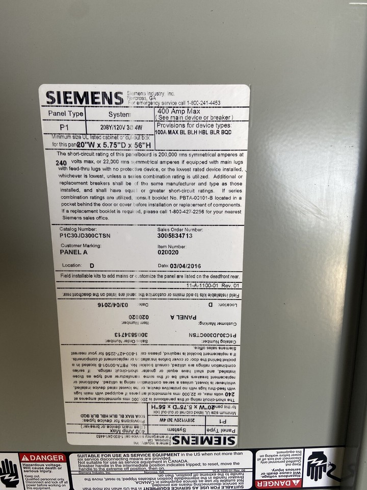 SIEMENS P1 300 AMP MAIN BREAKER 208Y/120 NEMA 1 PANELBOARD WITH SHUNT ...