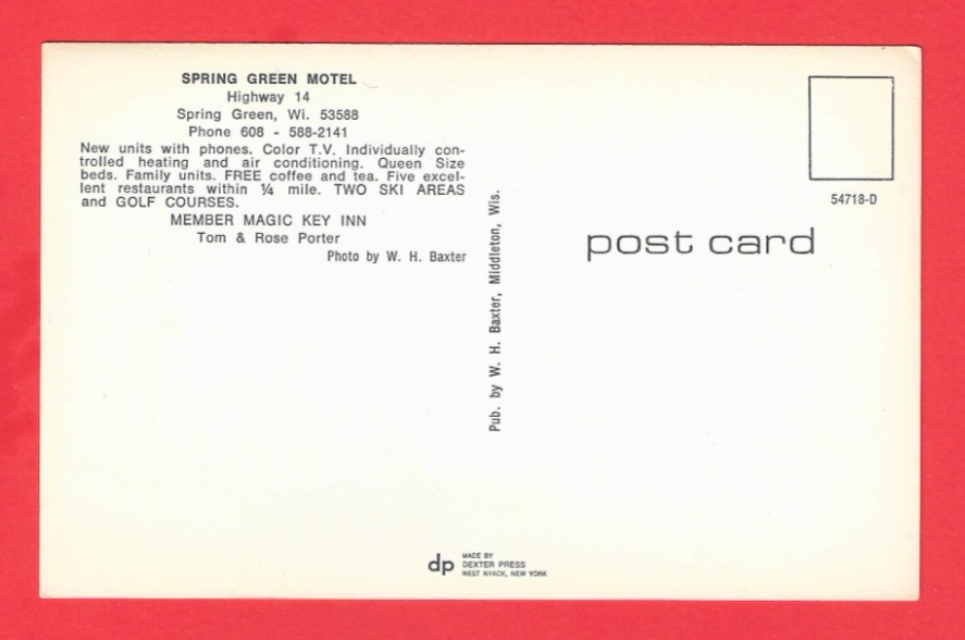 Spring Green Wisconsin, Spring Green Motel Hwy 14, 1970s Roadside ...