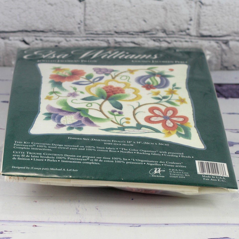 Crewel Embroidery Kit Elsa Williams Jacobean Pillow Beads Jeweled ...