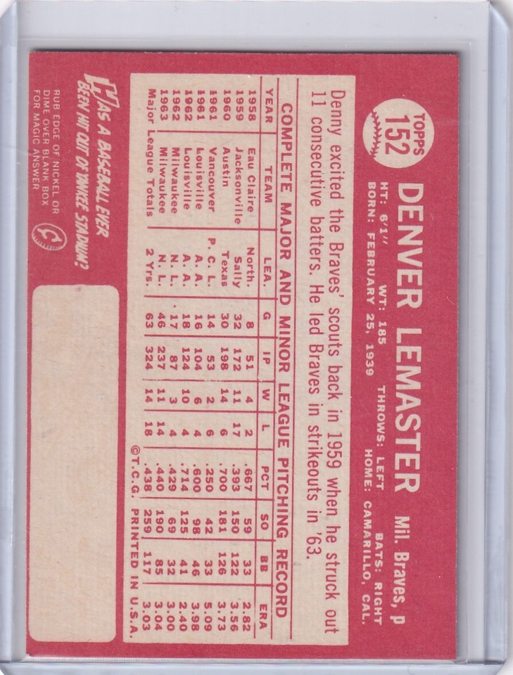 1964 Topps Baseball #152 Denver LeMaster - Milwaukee Braves | eBay