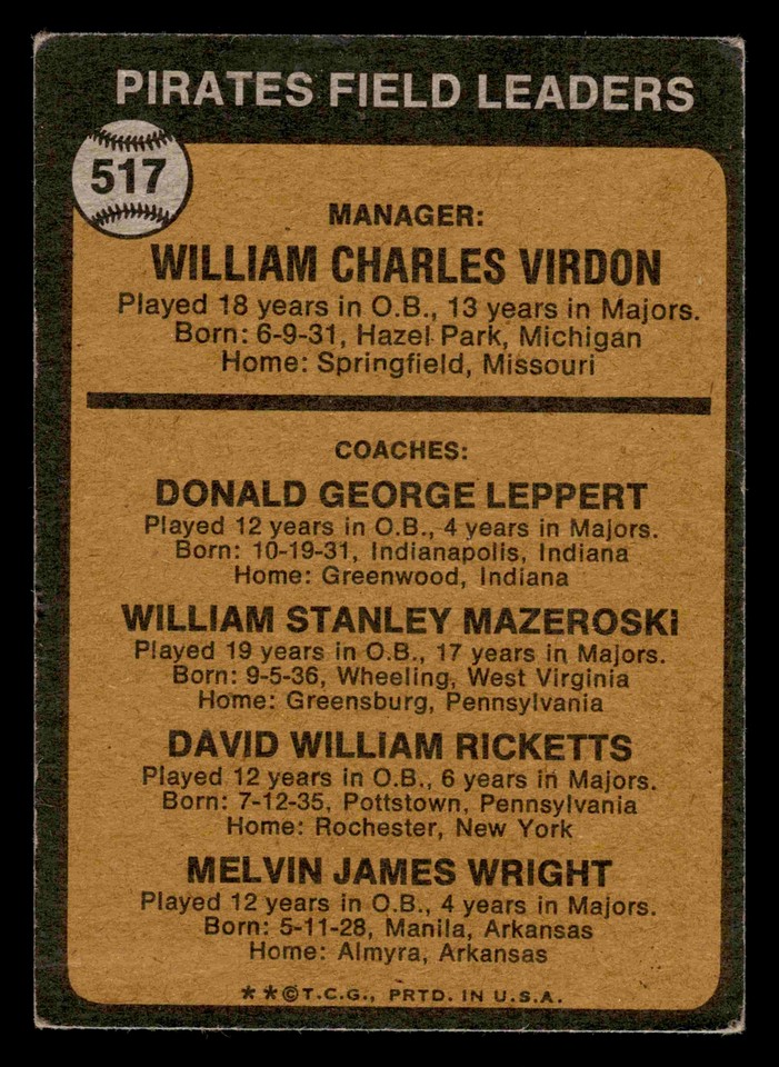 1973 Topps Pirates Leaders (Bill Virdon/Bill Mazeroski) #517-Pittsburgh ...