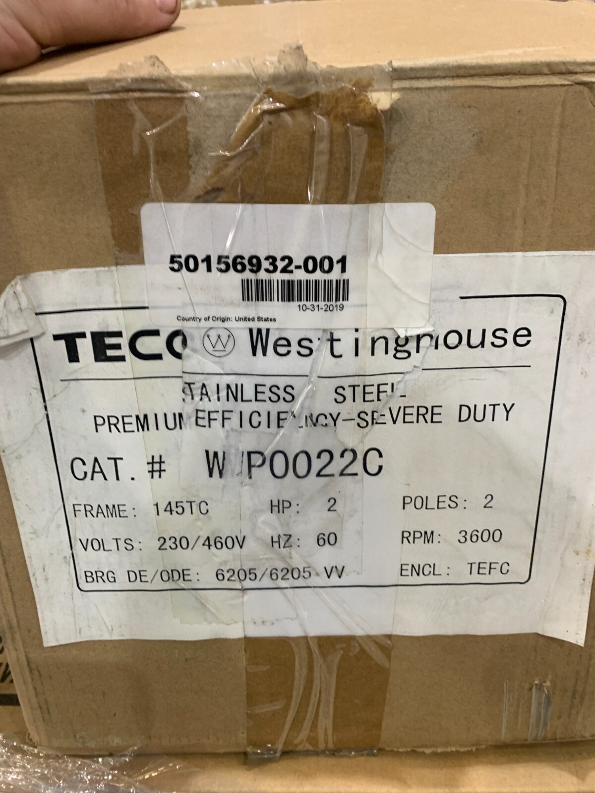 2 HP, TECO Stainless Steel Motor, 230/460V, 145TC Frame, 3600RPM ...