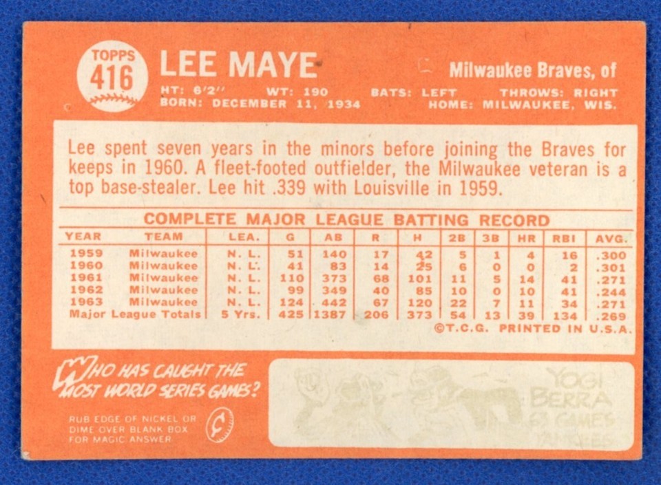 1964 Topps Baseball # 416 Lee Maye Milwaukee Braves VGEX | eBay