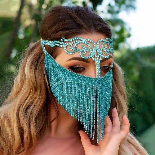 2024 Tassel Veil Masks Women Headwear Rhinestone Chain Face Mask Face ...