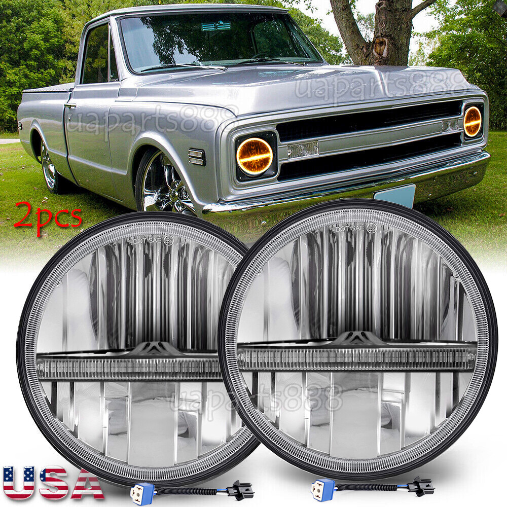 2pcs Fit Chevy C10 C20 C30 Camaro Truck 7" Round LED Headlights Halo ...