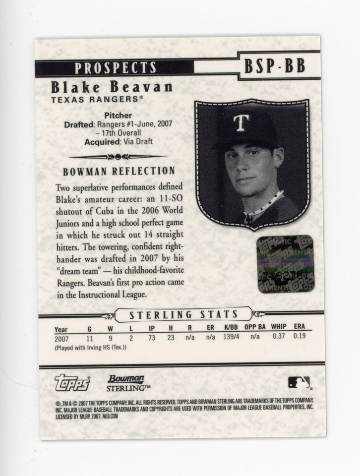 2007 Bowman Sterling Prospect Auto - #BSP-BB Blake Beavan - Minnesota ...